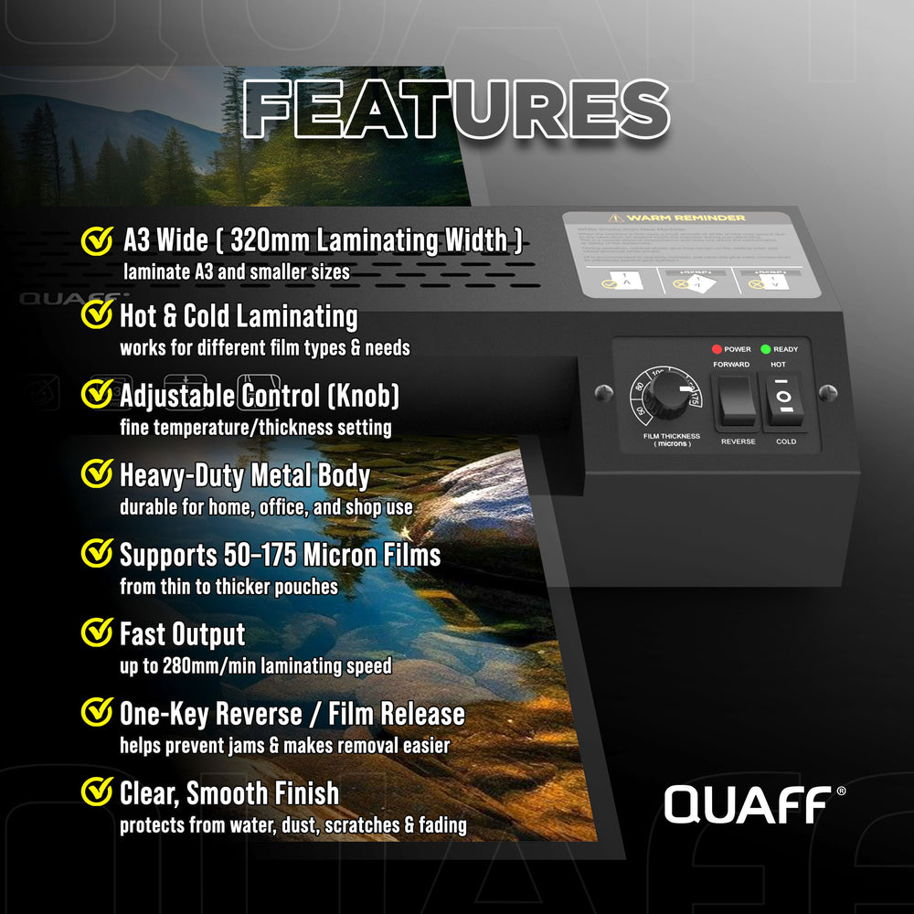 QUAFF A3 Hot & Cold Laminator 320mm | Auto Film Feed | Heavy-Duty Buil